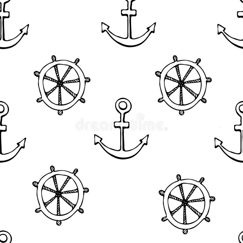 Seamless Pattern with Nautical Elements of Doodle Anchor and Rudder. Set of Vector Illustrations ...
