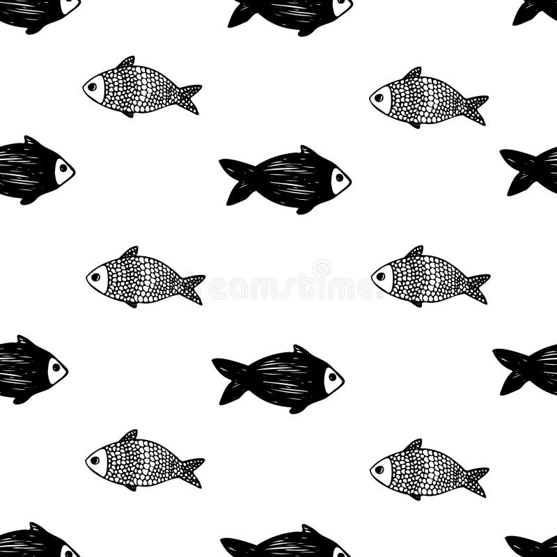 Seamless Pattern with Nautical Elements of Doodle Fish. Set of Vector ...