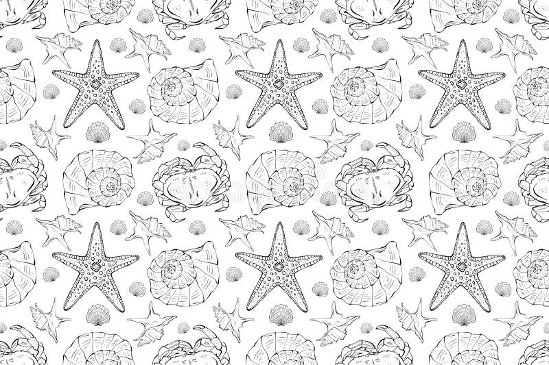 Seamless Pattern in Nautical Style. Starfish, Crabs and Shells on a ...