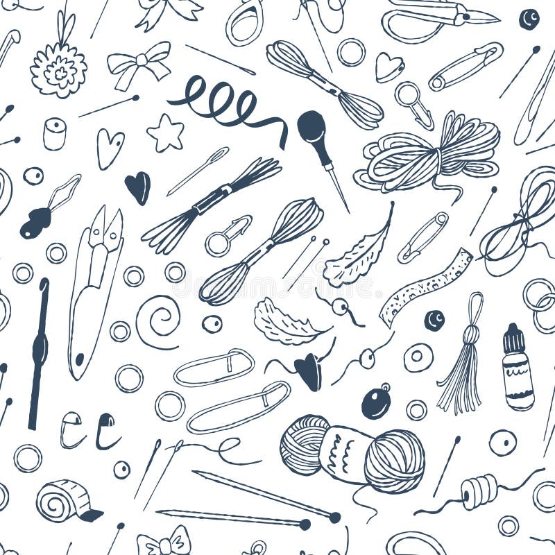 Seamless Pattern with Needlework Items. Black and White Ink Drawing ...
