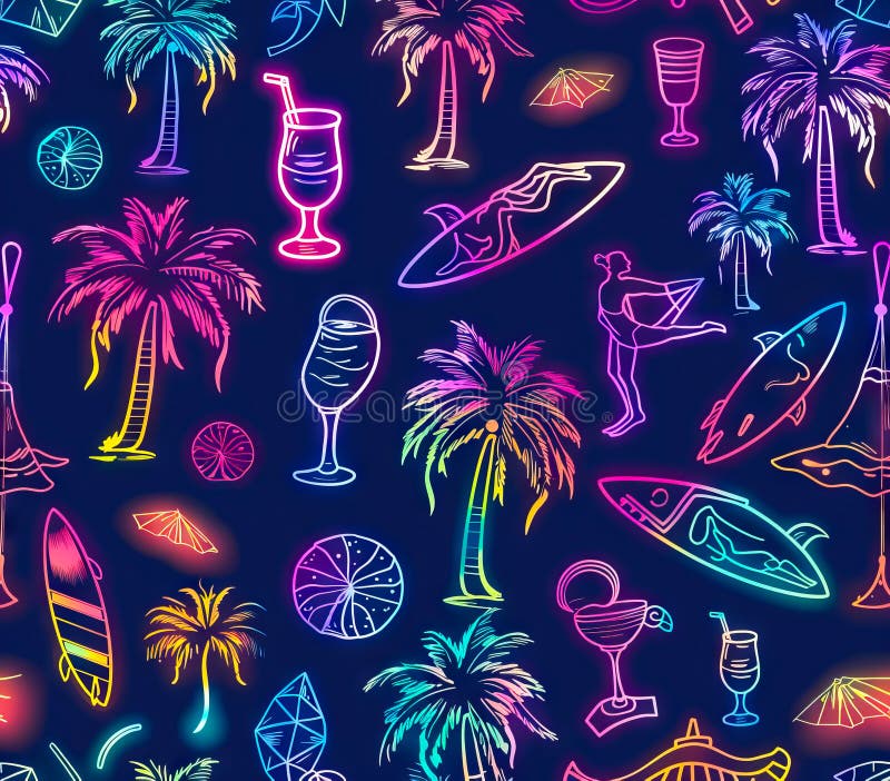 Seamless Pattern with Neon Beach Items Stock Photo - Image of tree ...