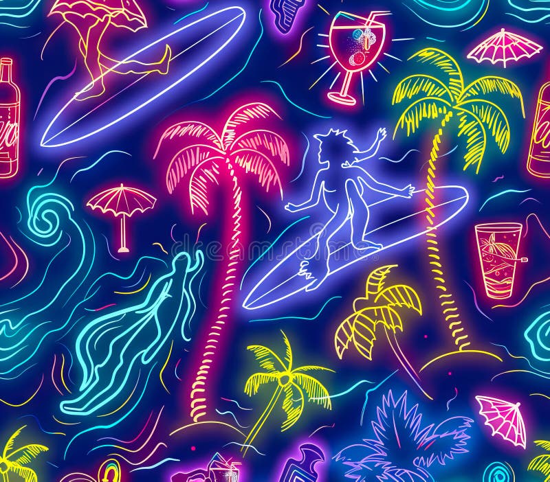 Seamless Pattern with Neon Lights and Beach Items Stock Image - Image ...