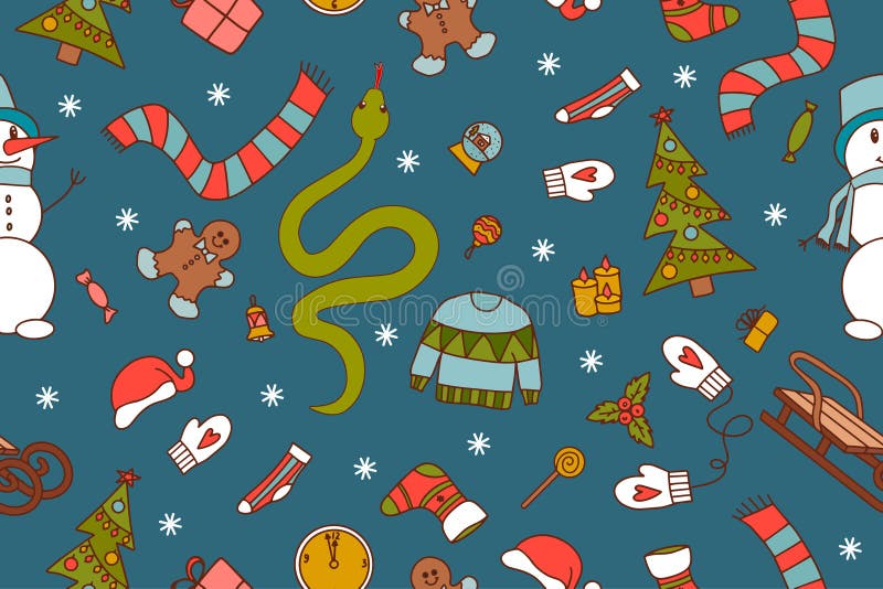 Seamless Pattern of New Year Elements and Snake Symbol of 2025. Vector ...
