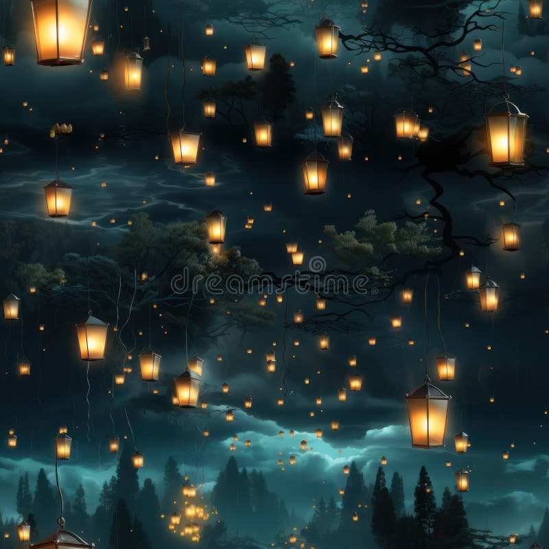 Seamless Pattern with Night Sky with Moon, Stars and Chinese Wishing ...