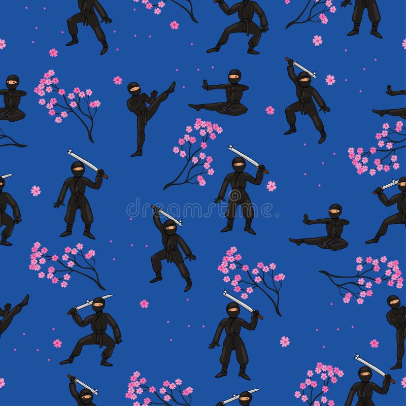 Seamless Pattern with Ninja in a Black Suit and Sakura. Vector Graphics ...