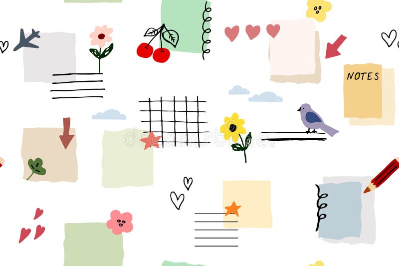 Seamless Pattern of Note Paper Pieces with Cartoon Cute Stickers ...