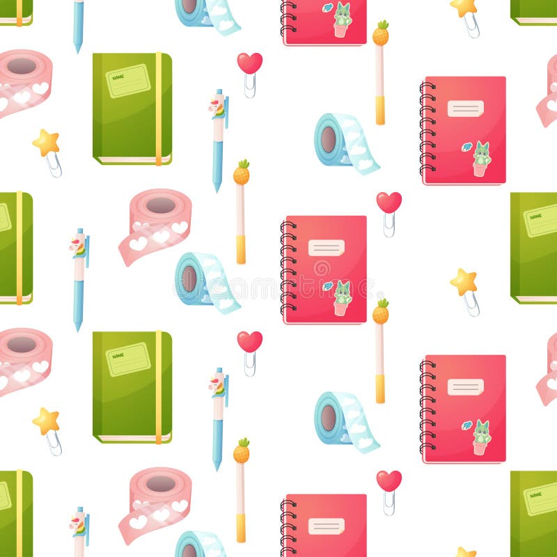 Seamless Pattern, Notebook, Pens, School and Stationery. Cartoonish and ...