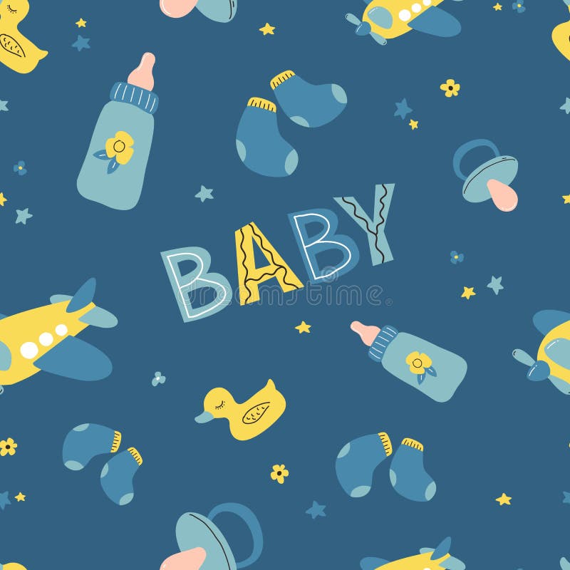 Seamless Pattern Nursery Baby Boy. Icons of Baby Items Stock Vector ...