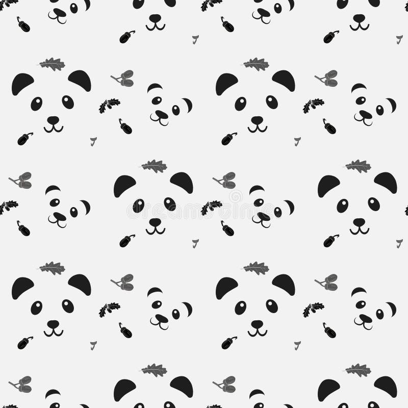 Seamless Pattern with Oak Leaf Acorn and Pandas. Vector Illustration ...