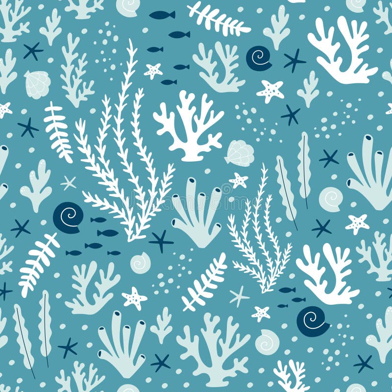 Seamless Pattern with Ocean Corals, and Seaweeds. Sea Wildlife Stock ...