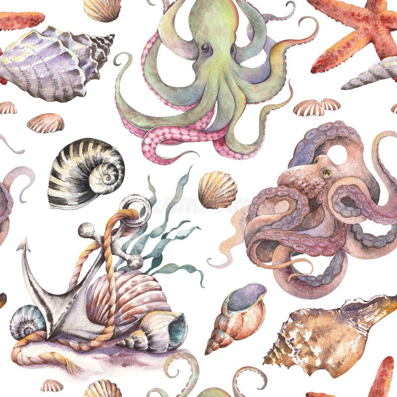 Seamless Pattern with Octopus and Underwater Creatures. Stock Photo ...