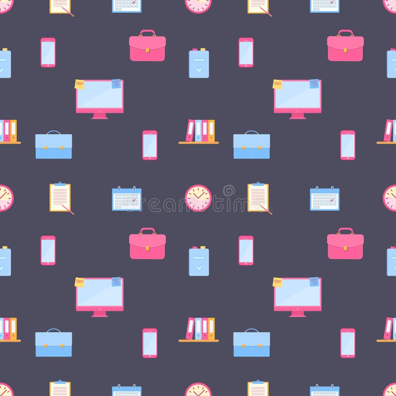Seamless Pattern with Office Accessories on Dark Background Stock ...