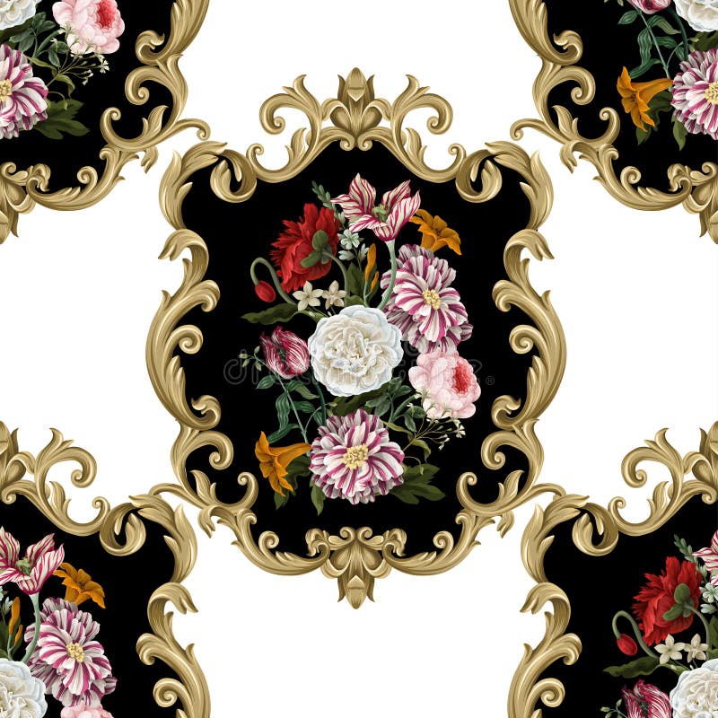 Seamless Pattern with Oil Painting Rococo Still-lifes Flowers and ...
