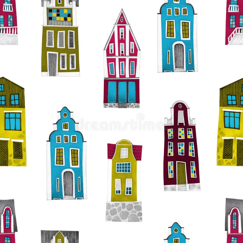 Seamless Pattern of Old Buildings Drawn in Pencil and Painted Stock ...