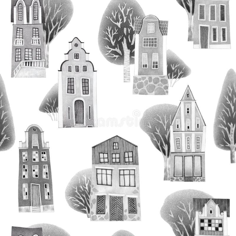 Seamless Pattern of Old Buildings Trees and Bushes Drawn in Pencil ...