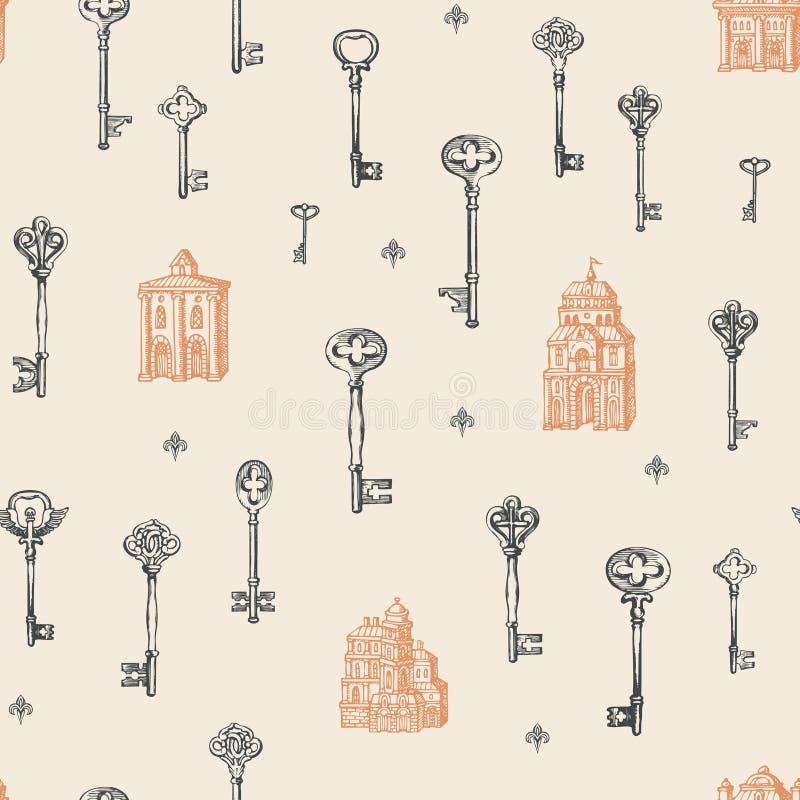 Seamless Pattern with Old Buildings and Vintage Keys Stock Vector ...