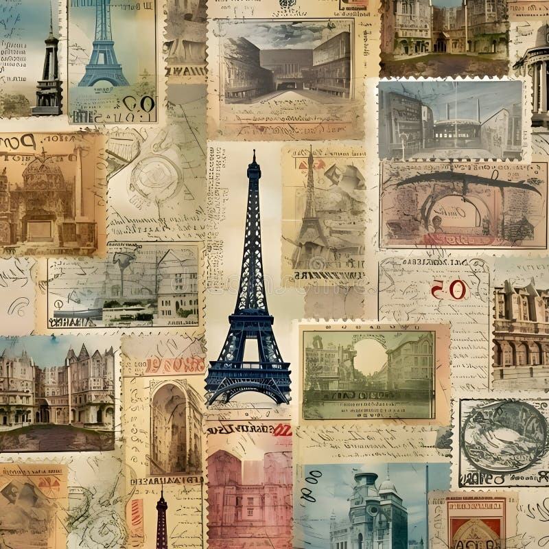 Seamless Pattern of Old Post Stamps and Eiffel Tower Stock Vector ...