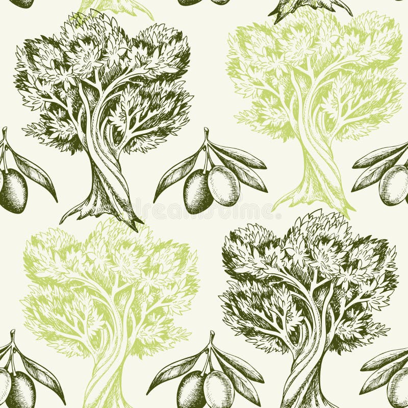 Seamless Pattern with Olives and Olive Tree Stock Vector - Illustration ...