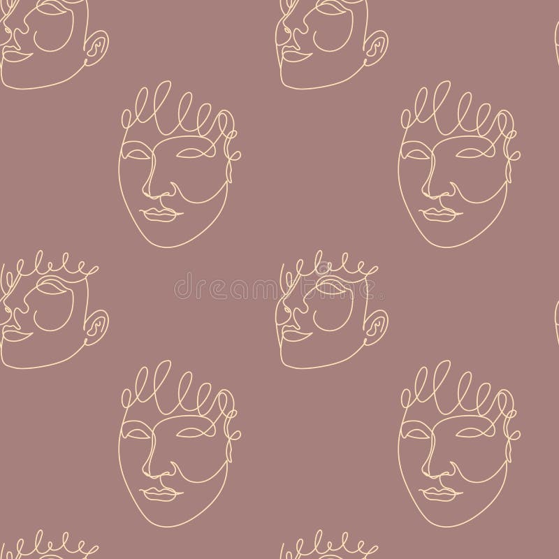 Seamless Pattern with One Single Line Drawings of Female Face Stock ...
