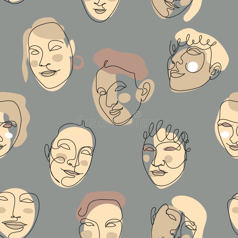 Seamless Pattern with One Single Line Drawings of Female Face and ...
