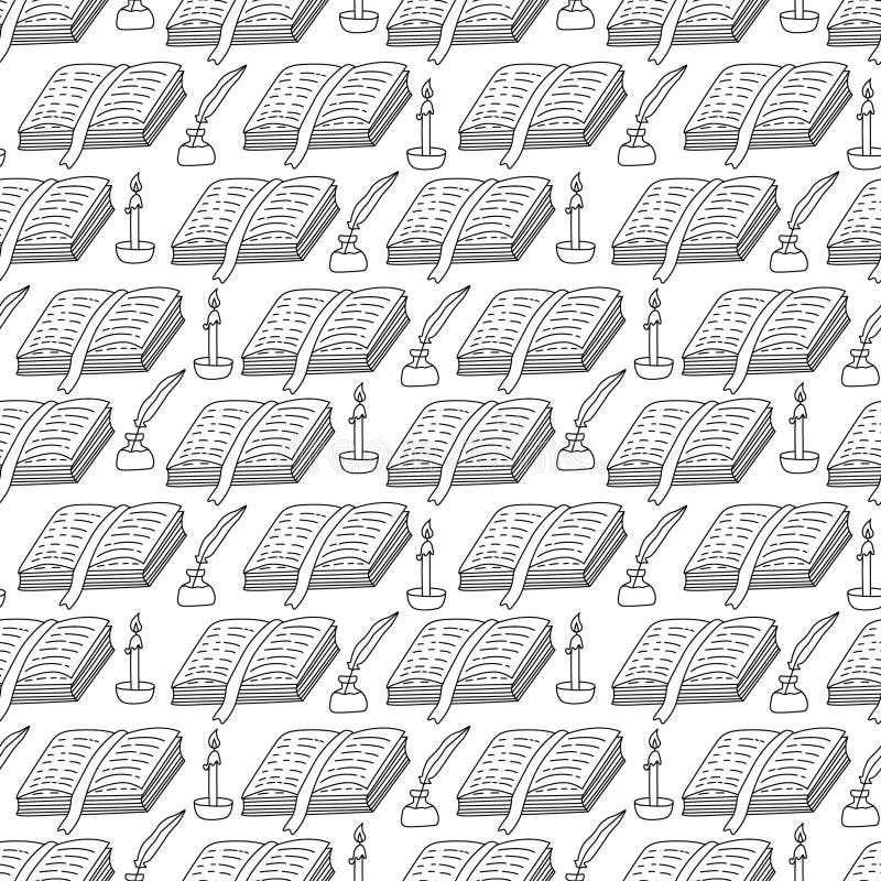 Seamless Pattern with Open Books and Feather with Inkwell Stock Vector ...