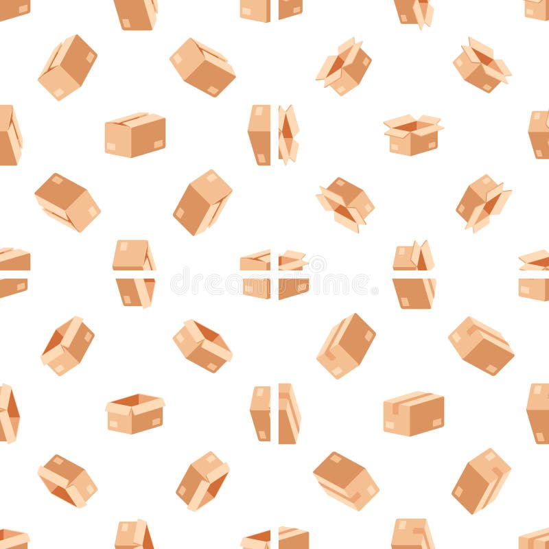 Seamless Pattern of Open and Closed Cardboard Boxes Rotating on White ...