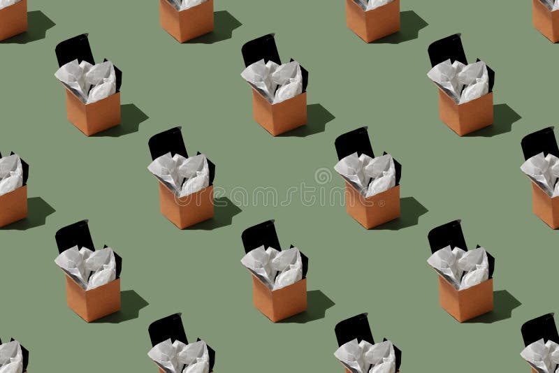 Seamless Pattern of Open Paper Delivery Box on Green Background Stock ...