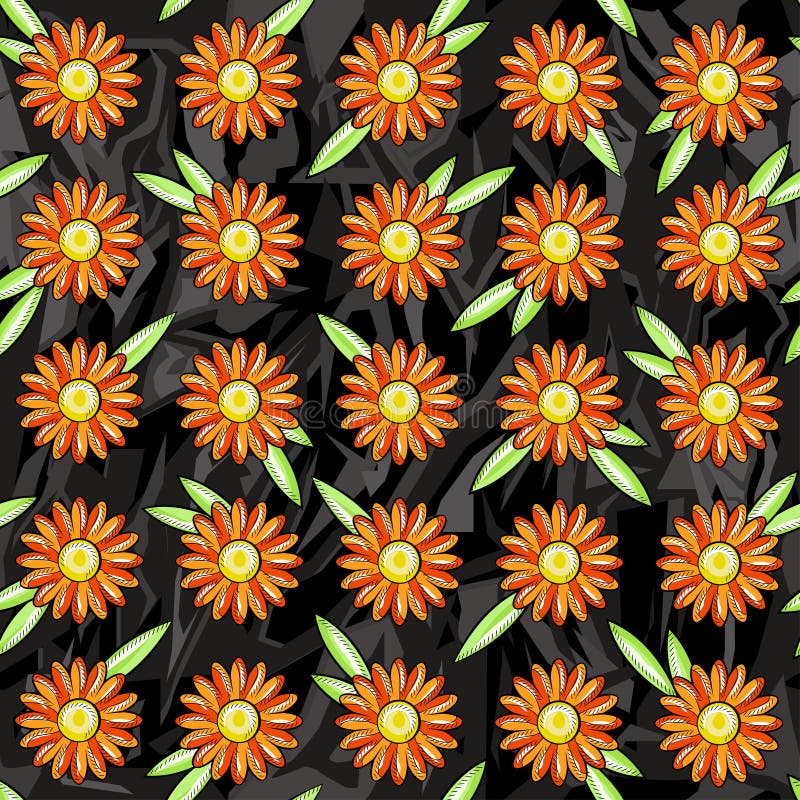 Seamless Pattern of Orange Daisies on a Black Gray Background of Harsh ...