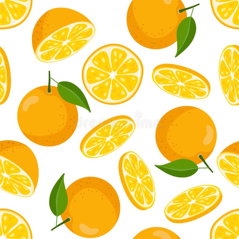 Seamless Pattern with Orange Fruit and Leaves. Flat Vector Summer ...