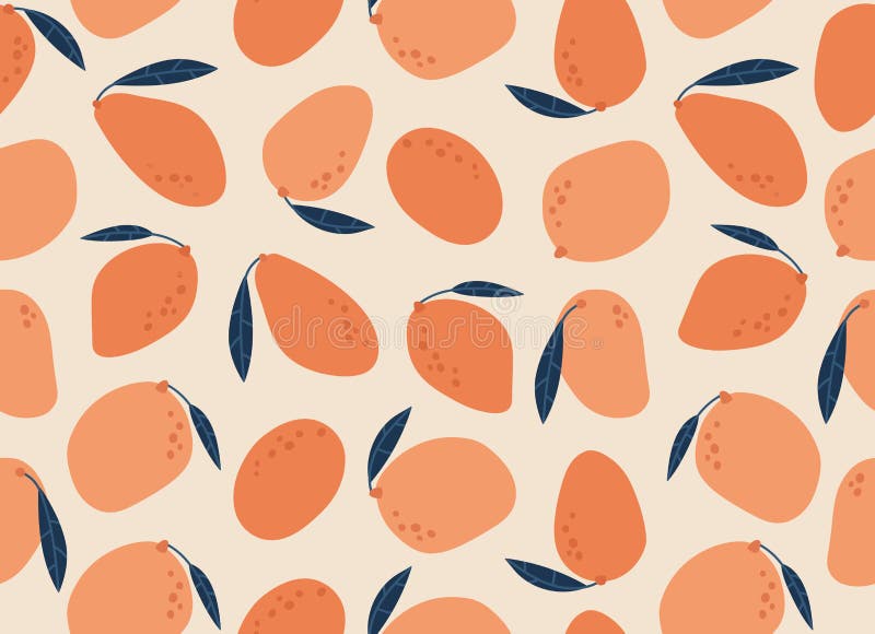 Seamless Pattern of Orange Mango with Blue Leaves on a Beige Background ...