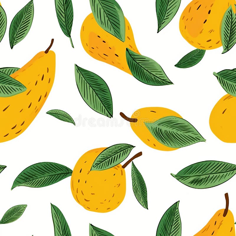 Seamless Pattern with Orange Mango and Leaf. Hand Drawn Yellow Mango ...