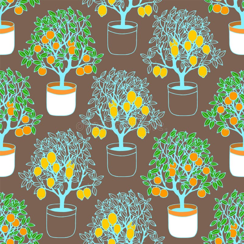 Seamless Pattern of Orange Tree, Lemon Tree. Vector Stock Illustration ...