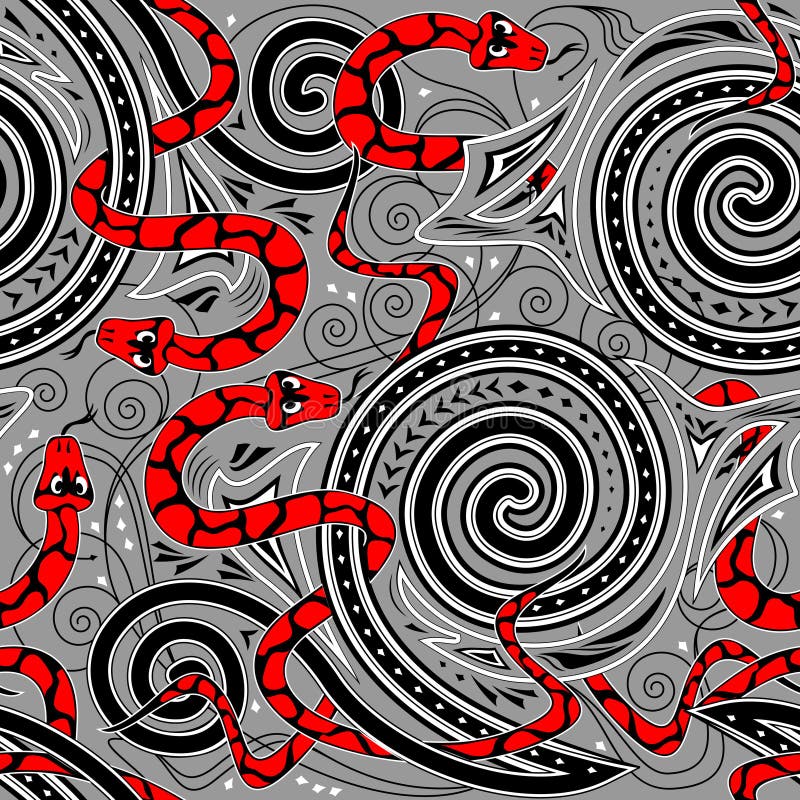 Seamless Pattern Ornament with Fantasy Wriggling Red Snakes. Rich ...