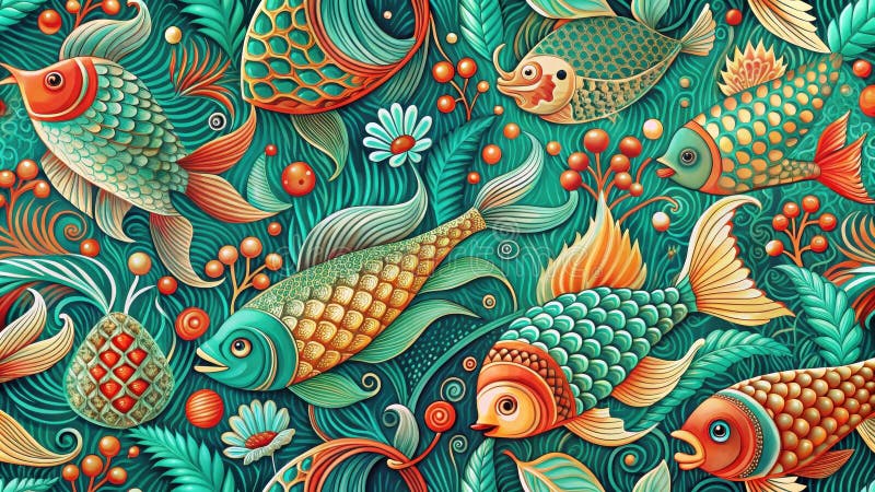 Seamless Pattern of Ornate Fish and Aquatic Plants. Generative AI Stock ...