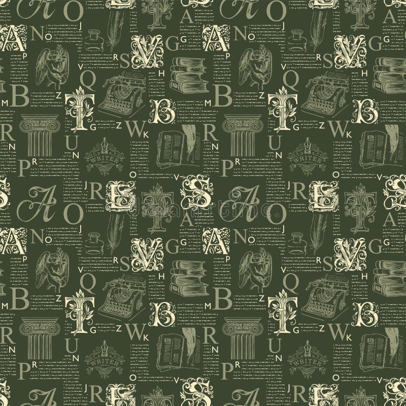 Seamless Pattern with Ornate Initial Letters and Literary Illustrations ...
