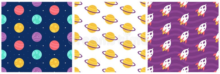 Seamless Pattern of Outer Space Exploration with Floating Astronaut and Planets in Cartoon Flat ...