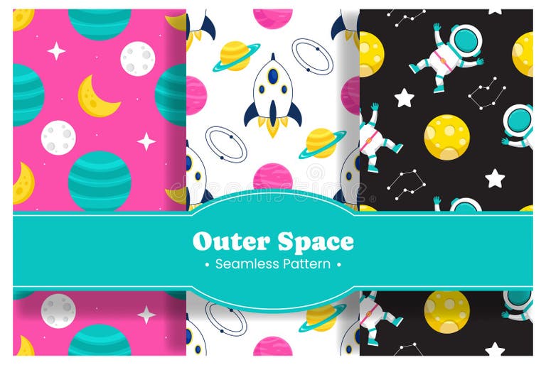 Seamless Pattern of Outer Space Exploration with Floating Astronaut and Planets in Cartoon Flat ...