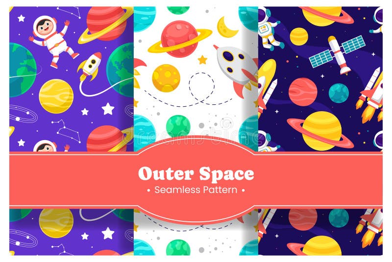 Seamless Pattern of Outer Space Exploration with Floating Astronaut and Planets in Cartoon Flat ...