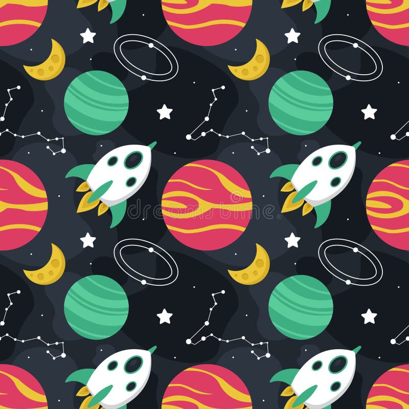 Seamless Pattern of Outer Space Exploration with Floating Rocket and Planets in Cartoon Flat ...