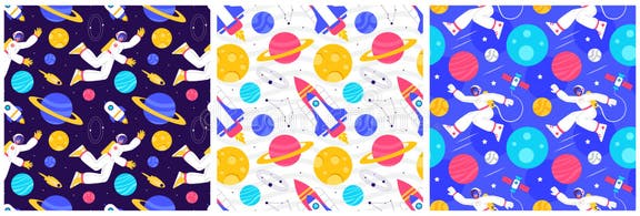 Seamless Pattern of Outer Space Exploration with Floating Rocket and Planets in Cartoon Flat ...