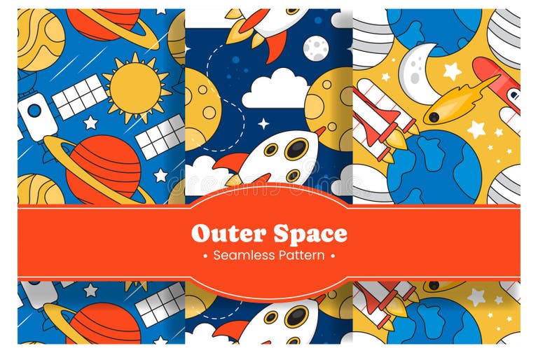 Seamless Pattern of Outer Space Exploration with Floating Rocket and Planets in Cartoon Flat ...