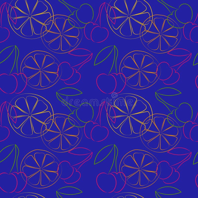 Seamless Pattern with Outline Cherries and Lemon on Blue Background ...