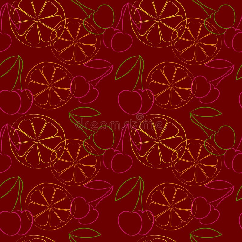 Seamless Pattern with Outline Cherries and Lemon on Red Background ...