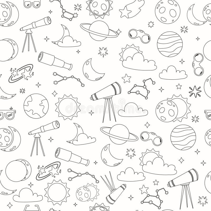 Seamless Pattern Outline Cute Solar Eclipse in Flat Cartoon Style Stock ...