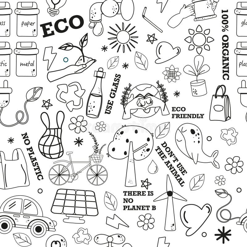 Seamless Pattern Outline Doodle Eco Friendly Stock Vector ...