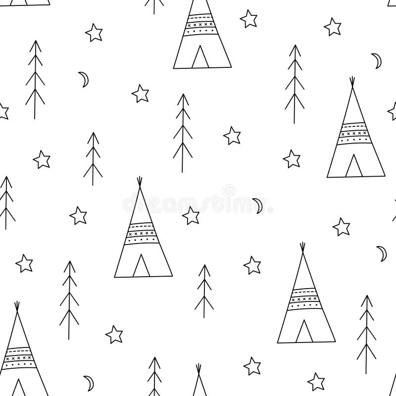 Seamless Pattern of Outline Native American Tents, Fir Trees and Stock ...