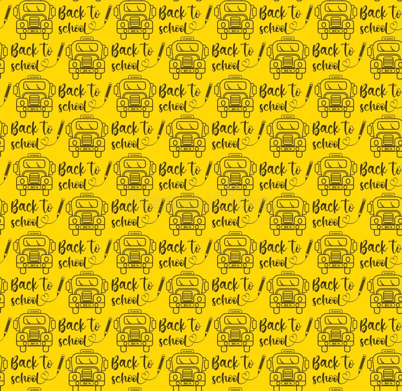 Seamless Pattern with Outline Style School Bus on Yellow Background ...