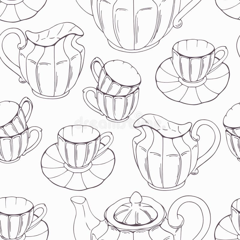 Seamless Pattern with Outline Style Tea Service Stock Vector ...