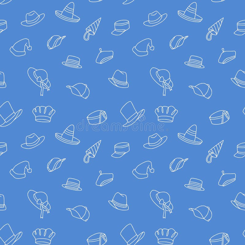 Seamless Pattern Outline Vector Hats and Caps Illustration with Blue ...