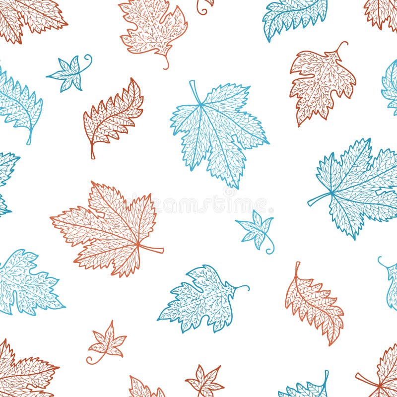 Seamless Pattern of Outlines Fantasy Red and Blue Falling Leaves Stock ...